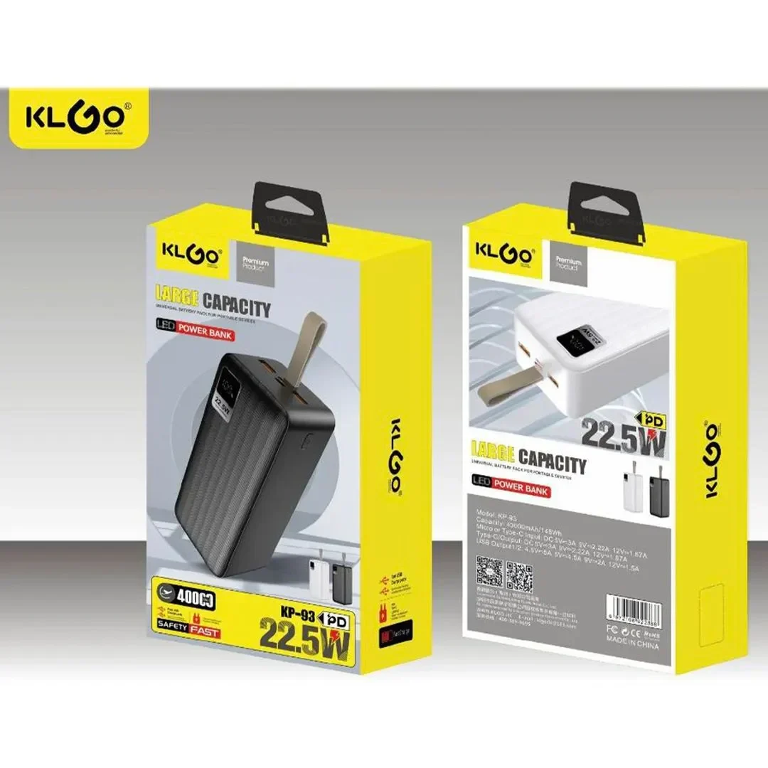 KLGO KP-93 Power Bank 40000mAh 22.5W με 2 Θύρες USB-A και Θύρα USB-C ...