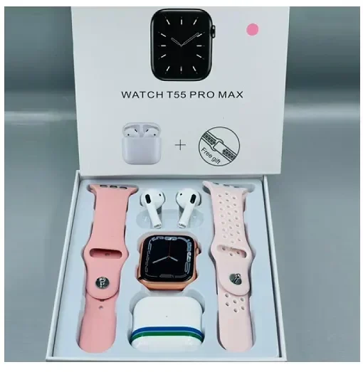 Ρολόι Smartwatch με παλμογράφο, οθόνη αφής & ακουστικά T55 Pro Max ροζ ...